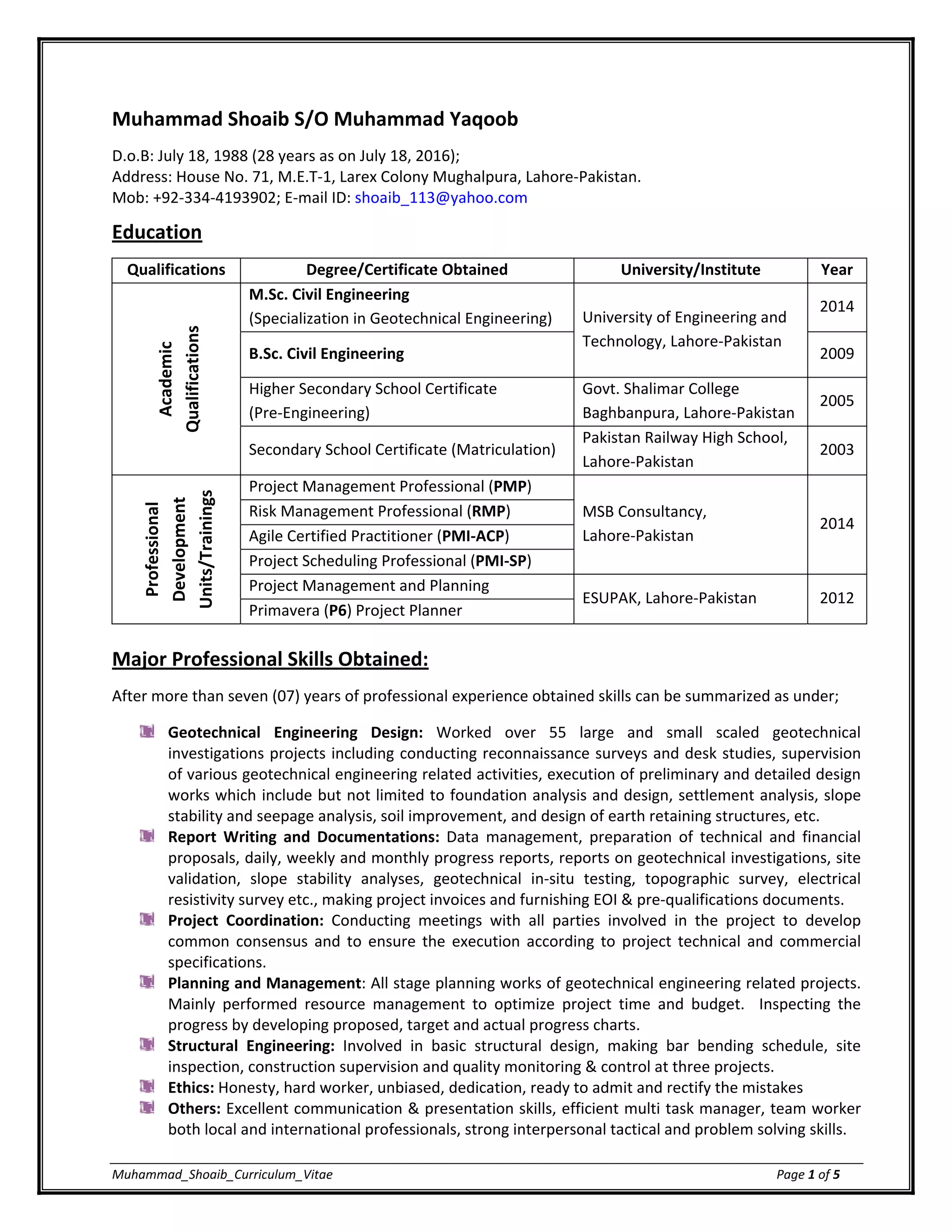 CV_Muhammad_Shoaib - June 2016 | PDF | Civil Engineering Industry | Industries