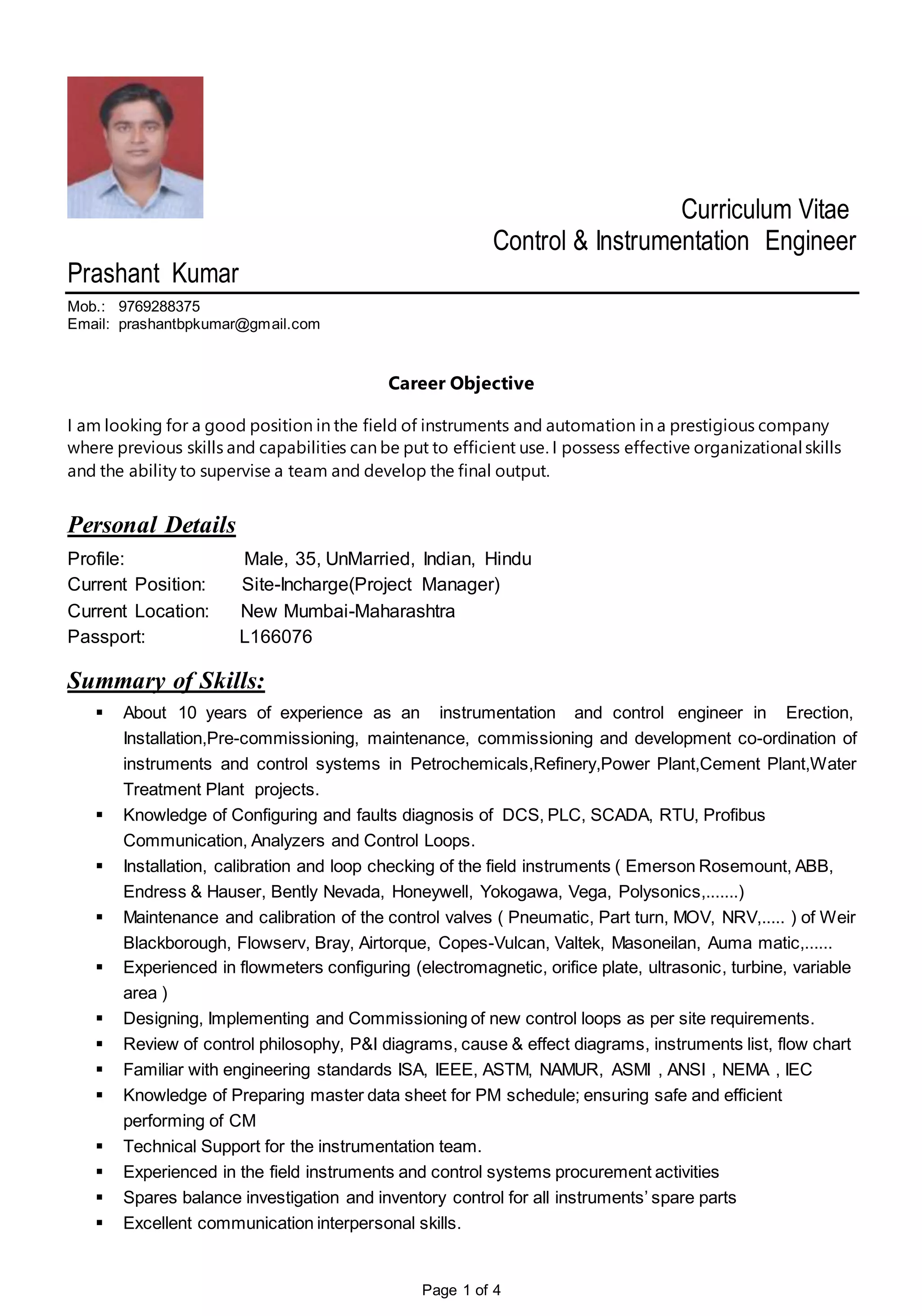 Instrumentation Engineer Resume | DOC