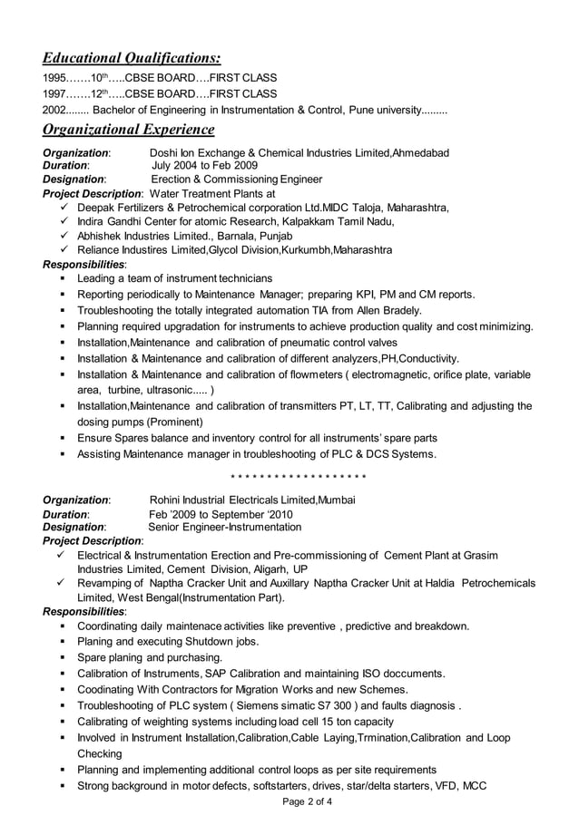 Instrumentation Engineer Resume | DOC