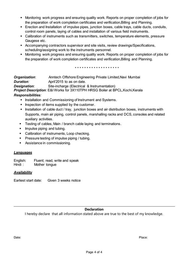 Instrumentation Engineer Resume | DOC