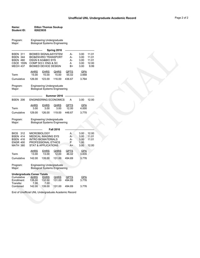 Dillon Soukup UNL Final Transcript | PDF