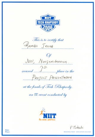 NIIT project presentation winning cert | PDF