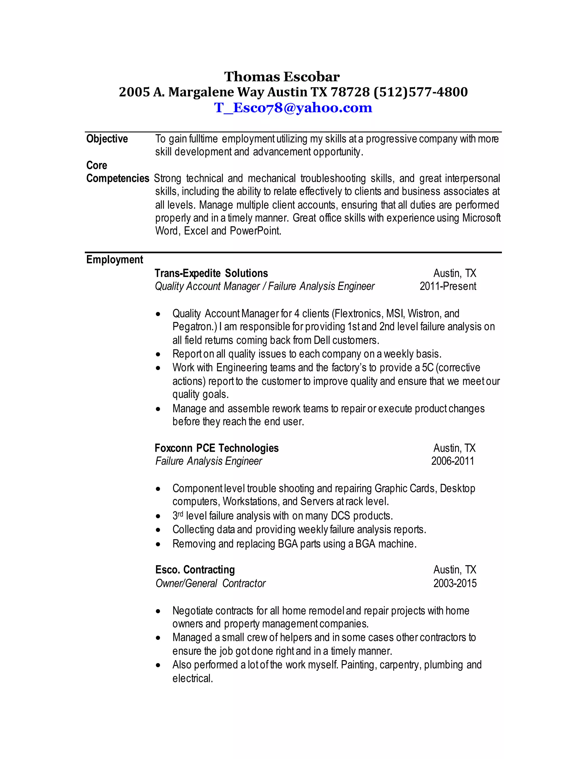 Thomas Escobar - Resume | DOCX | Business Administration | Business