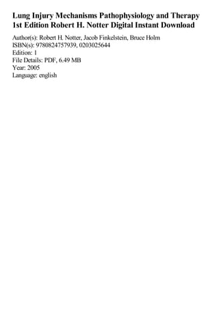 Lung Injury Mechanisms Pathophysiology and Therapy 1st Edition Robert H ...