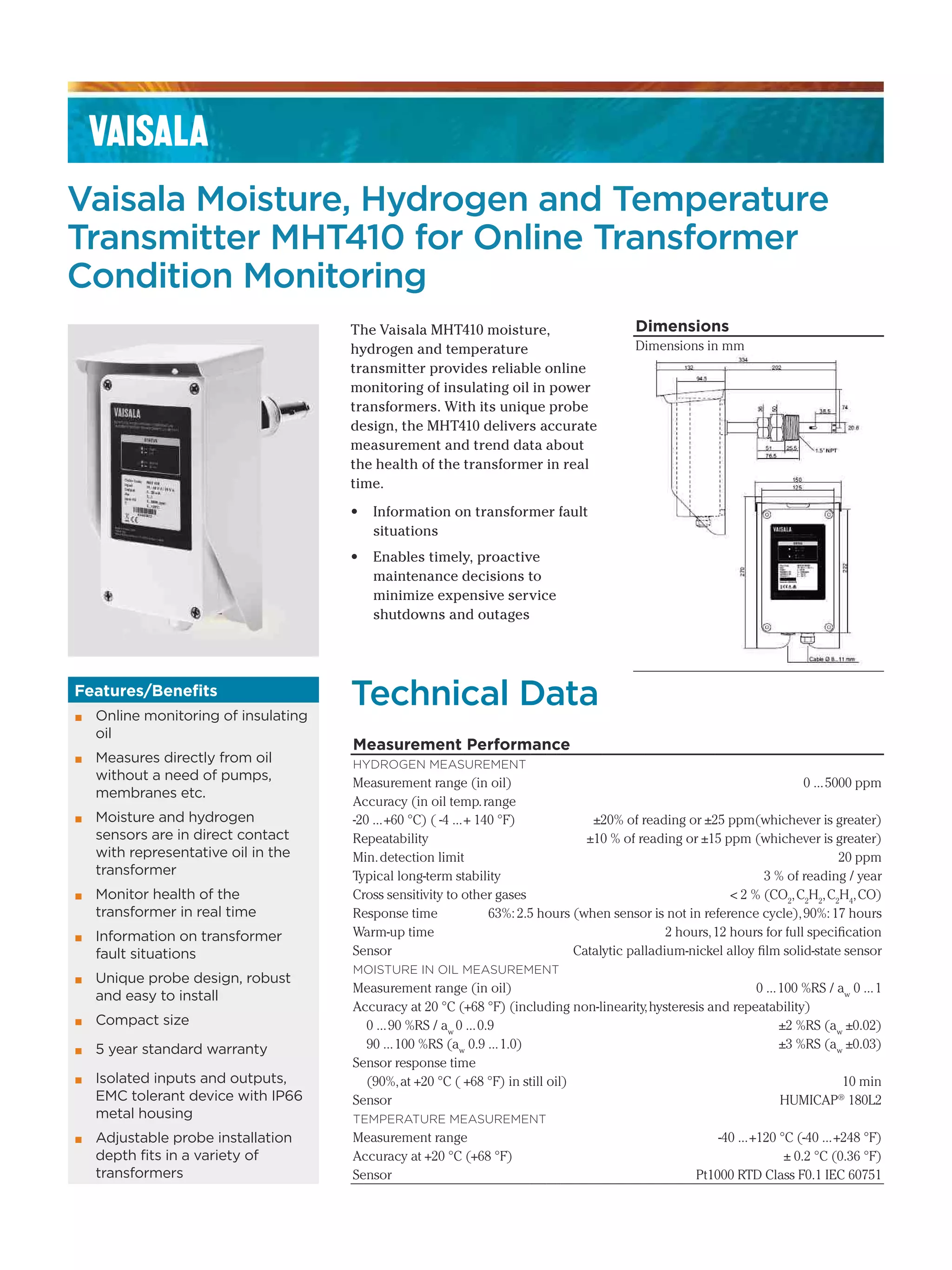 VAISALA MHT410 HYDROGEN+MOISTURE-IN-OIL TRANSMITTER NA PRODUCT ORDER GUIDE AND DATASHEET 2015 ...
