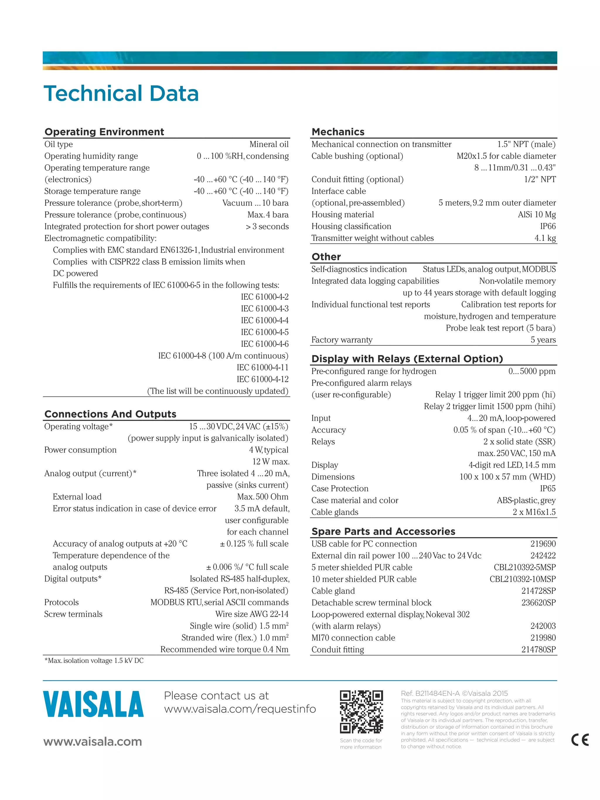 VAISALA MHT410 HYDROGEN+MOISTURE-IN-OIL TRANSMITTER NA PRODUCT ORDER ...