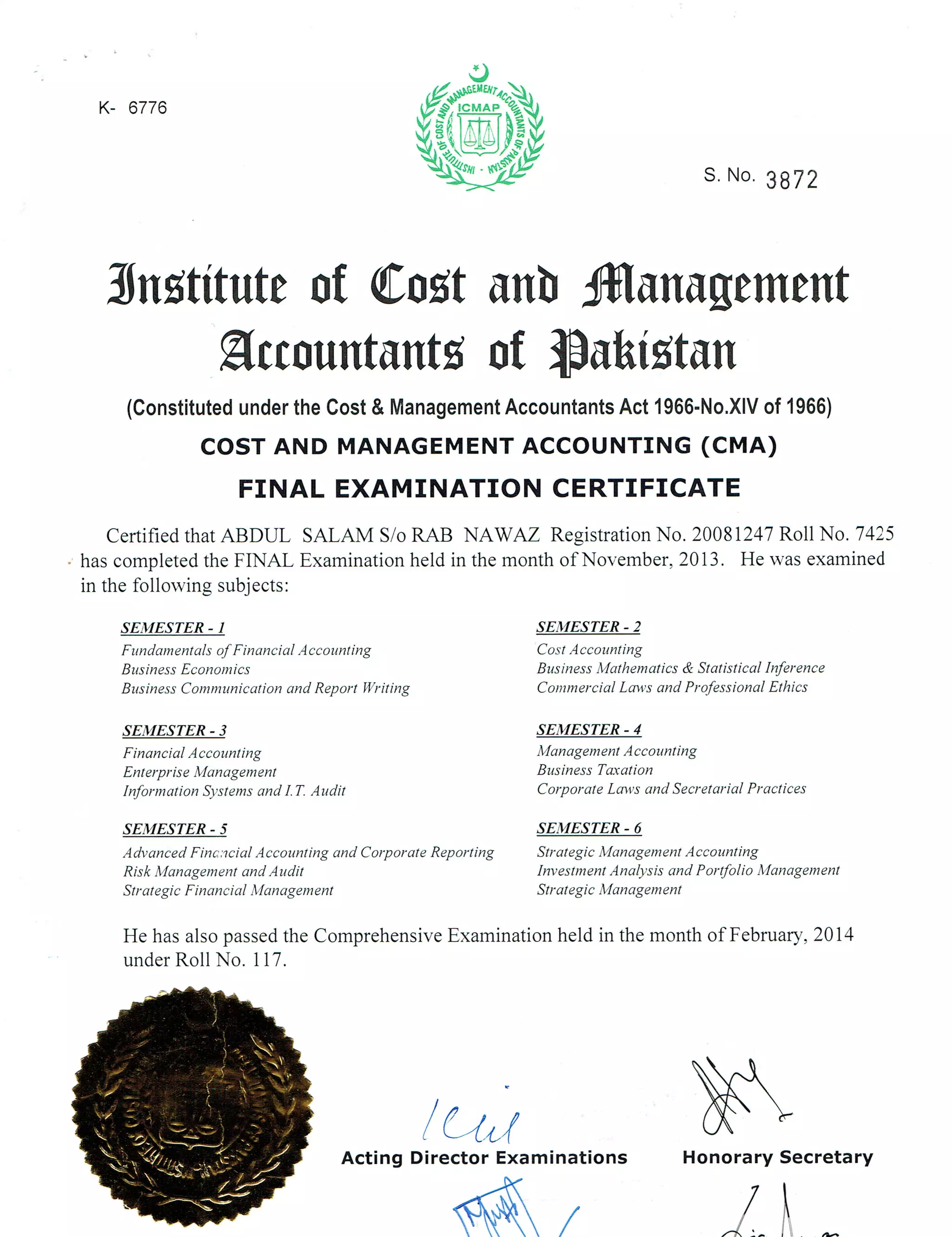 Abdul Salam - ICMAP Final Certificate | PDF