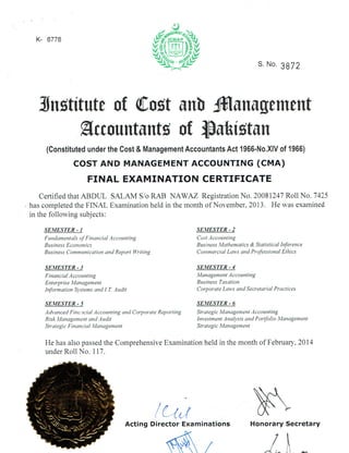 Abdul Salam - ICMAP Final Certificate | PDF