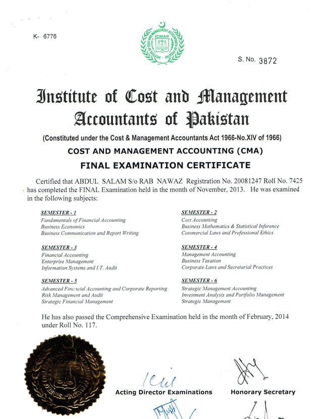 Abdul Salam - ICMAP Final Certificate | PDF