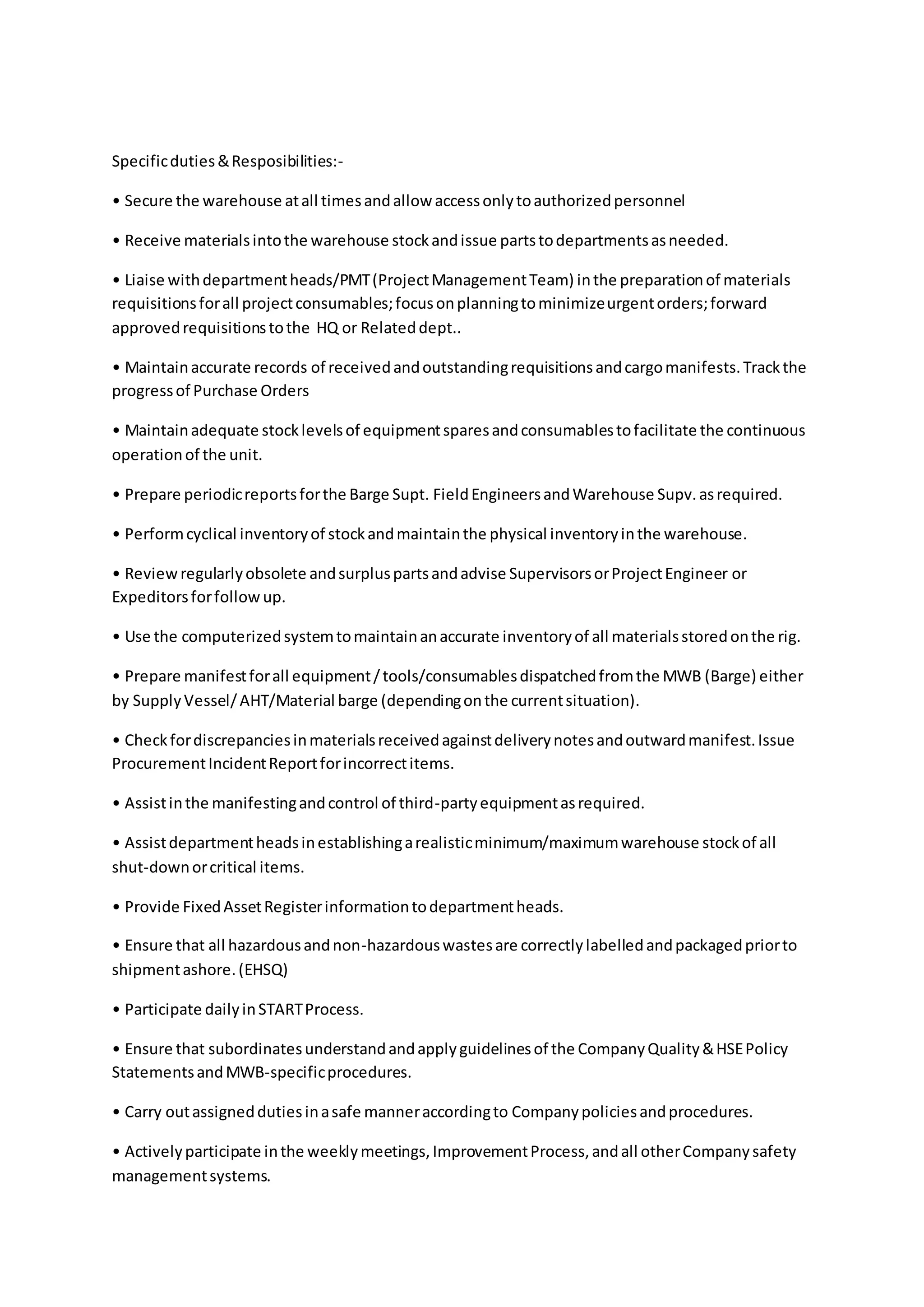 My responsibilities as a whseman | DOCX