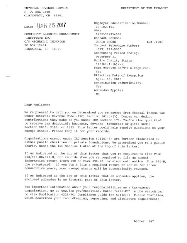 CLEI - 501c3 Tax-Exempt Approval Letter