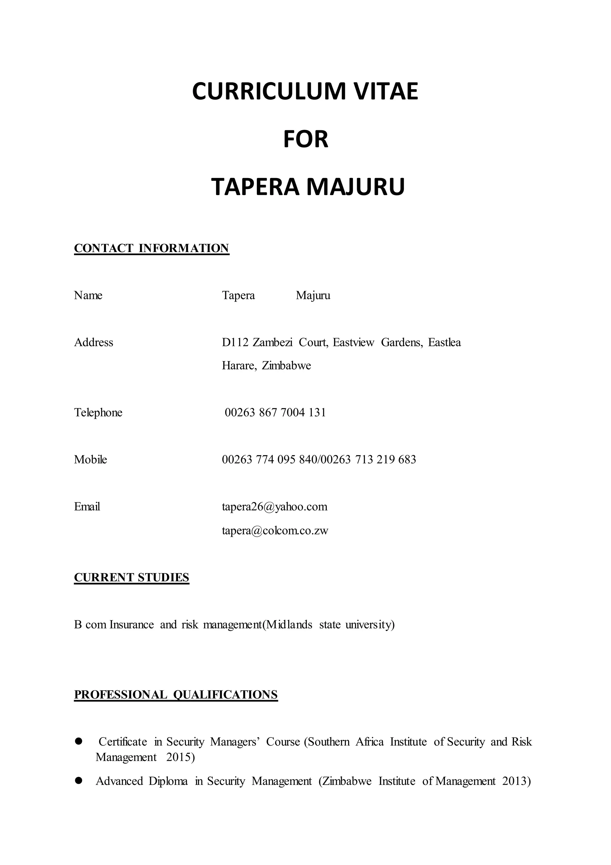 CURRICULUM VITAE- TAPERA MAJURU | DOCX