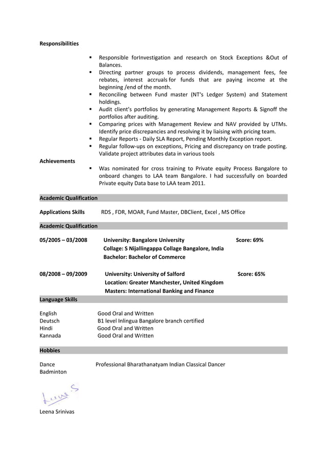 Leena Srinivas Resume | PDF | Business | Business and Finance