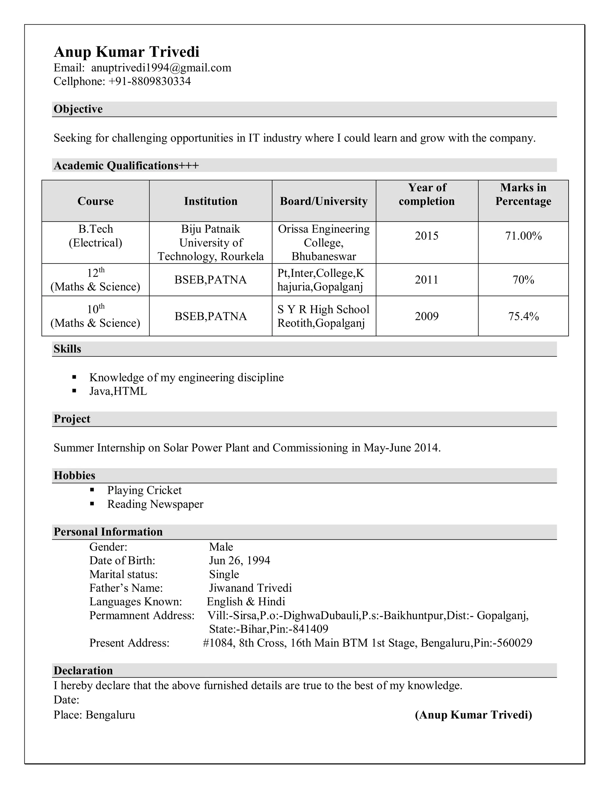 Resume_ Anup kr Trivedi.pdf - | PDF
