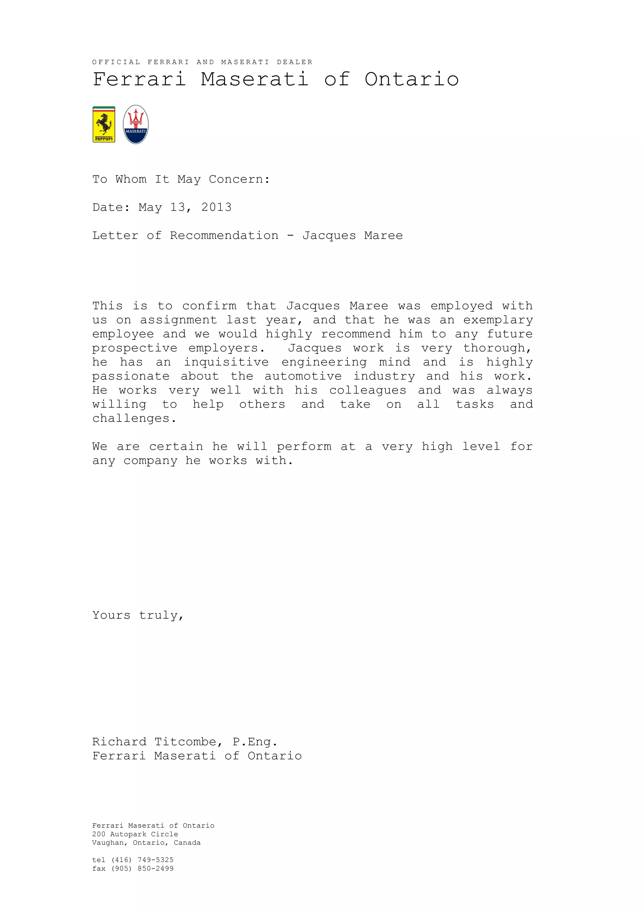 Ferrari Canada Letter of Recommendation | PDF