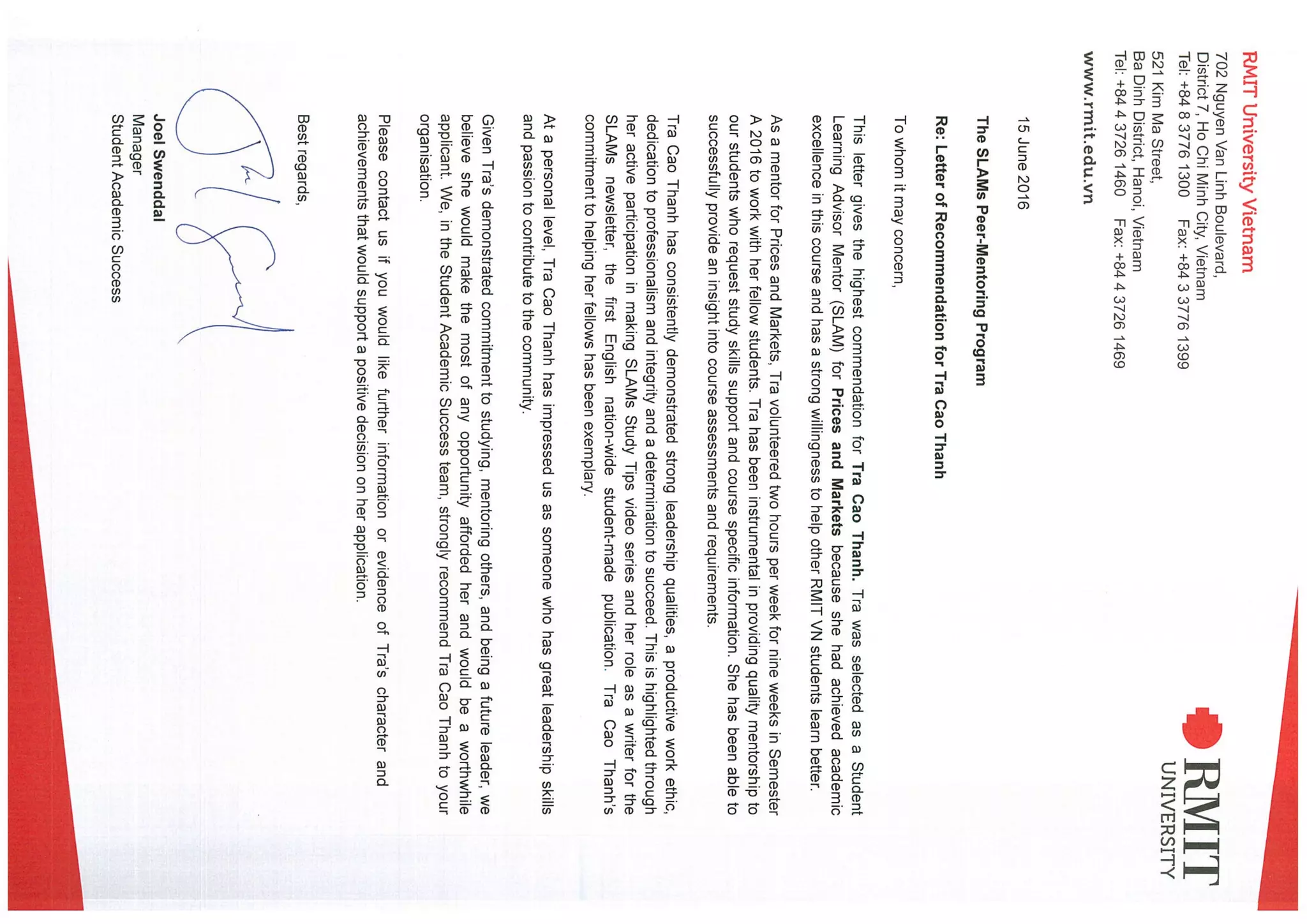 [Cao Thanh Tra] Letter of Recommendation 2 | PDF