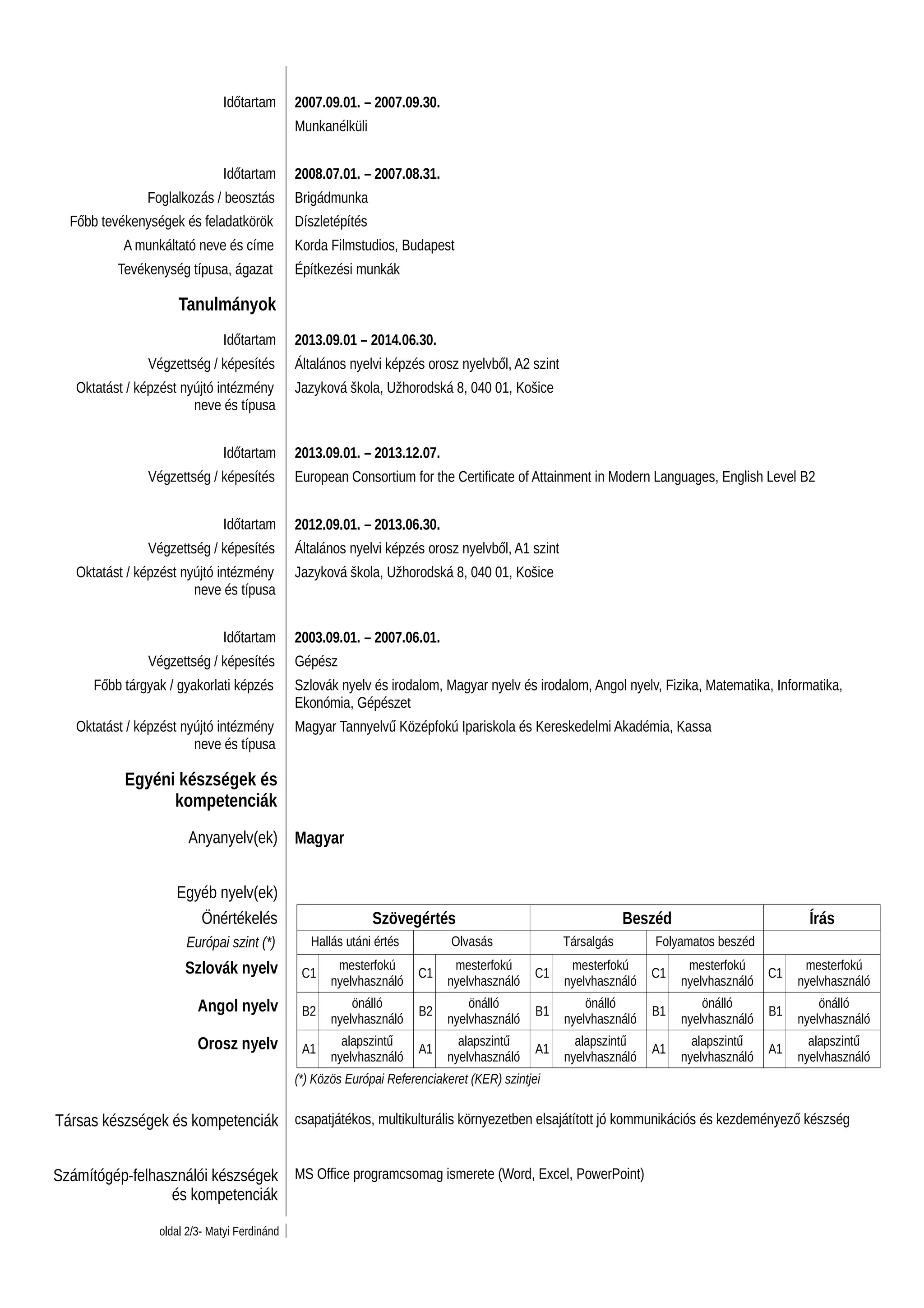 Oneletrajz (europass) | PDF