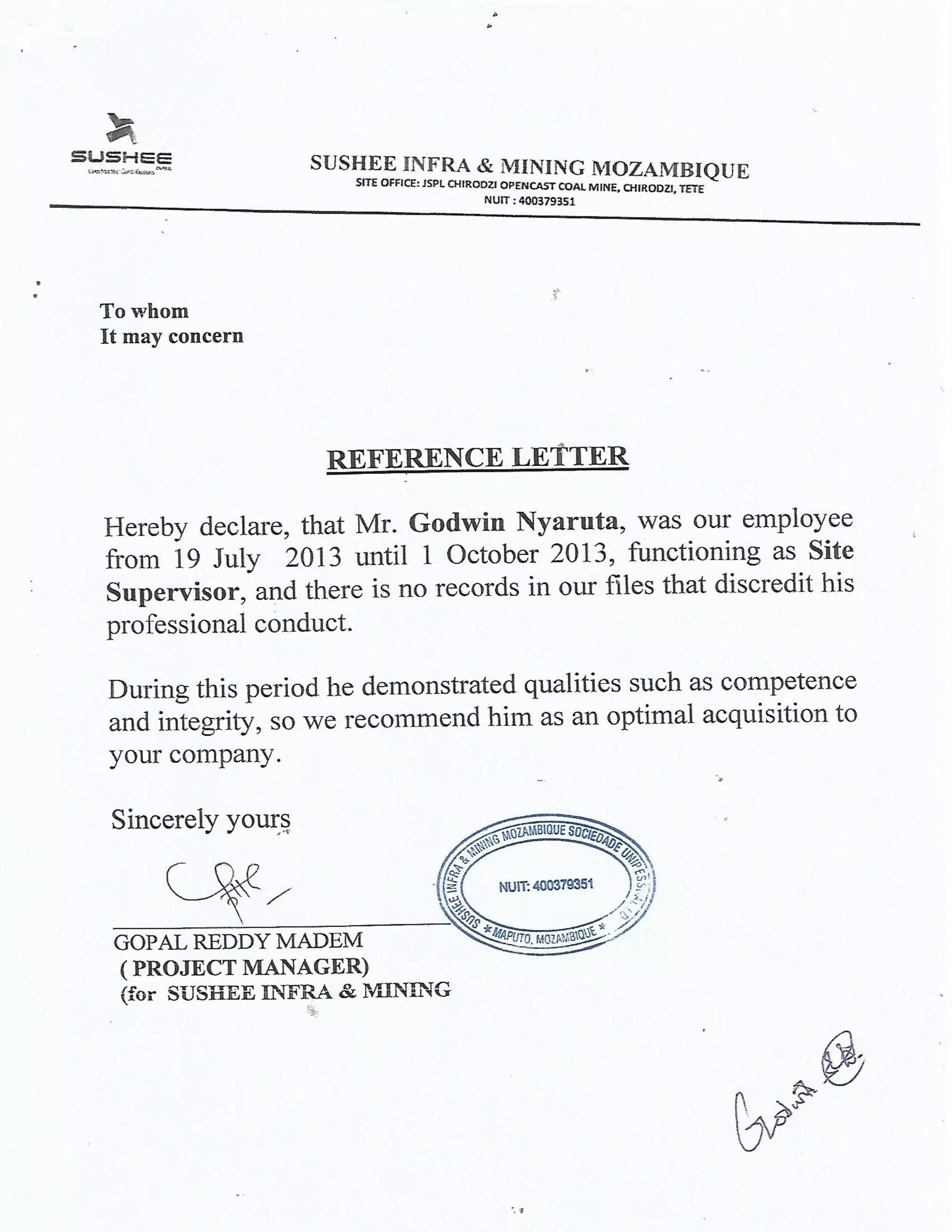Sushee Infra & Mining Mozambique reference letter | PDF