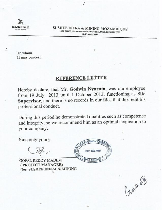 Sushee Infra & Mining Mozambique reference letter | PDF