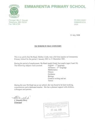 Emmarentia Primary school reference letter | PDF