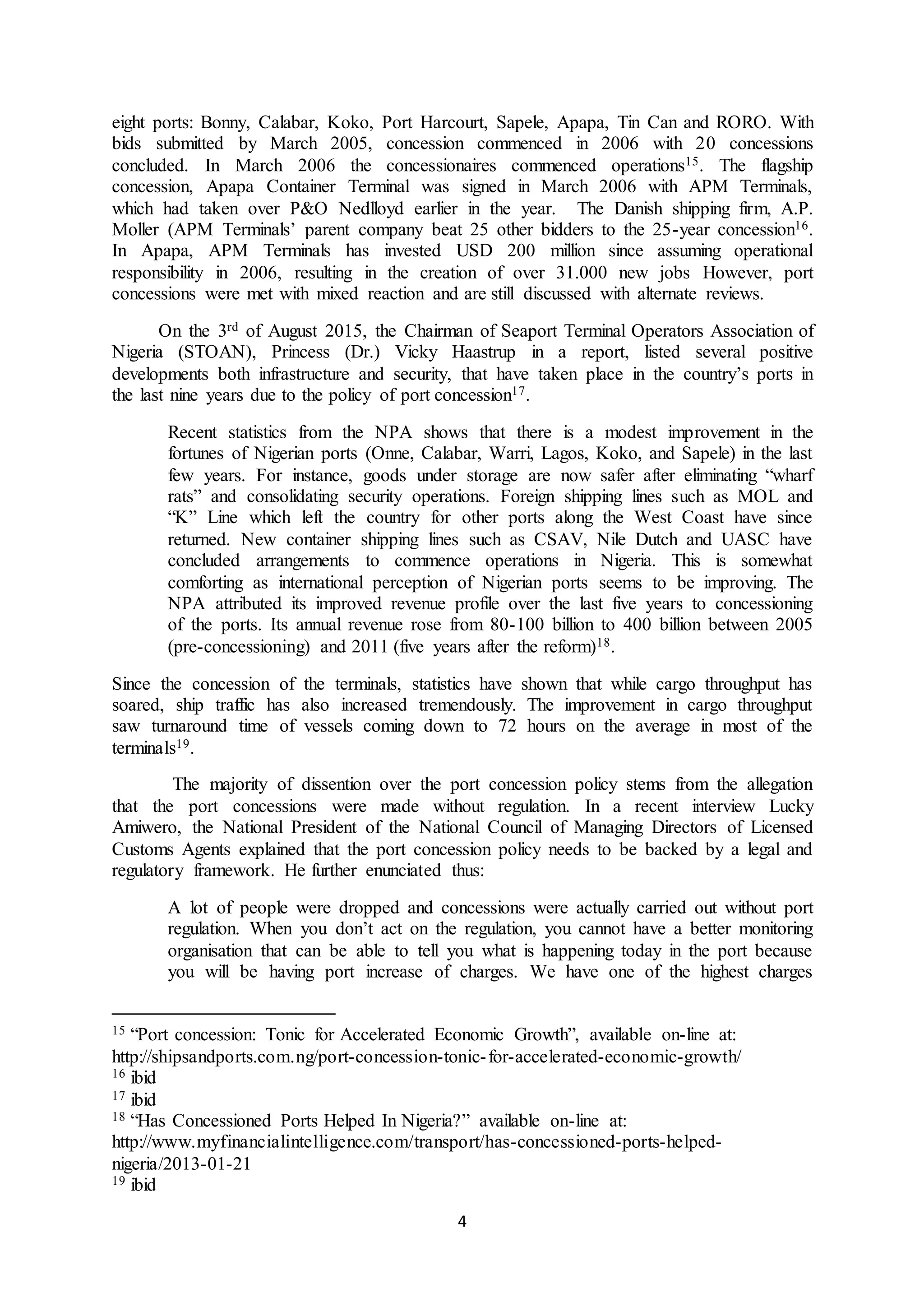 AN APPRAISAL OF PORT CONCESSIONS IN NIGERIA AND ITS ROLE IN ACHIEVING THE MARITIME POTENTIAL OF ...