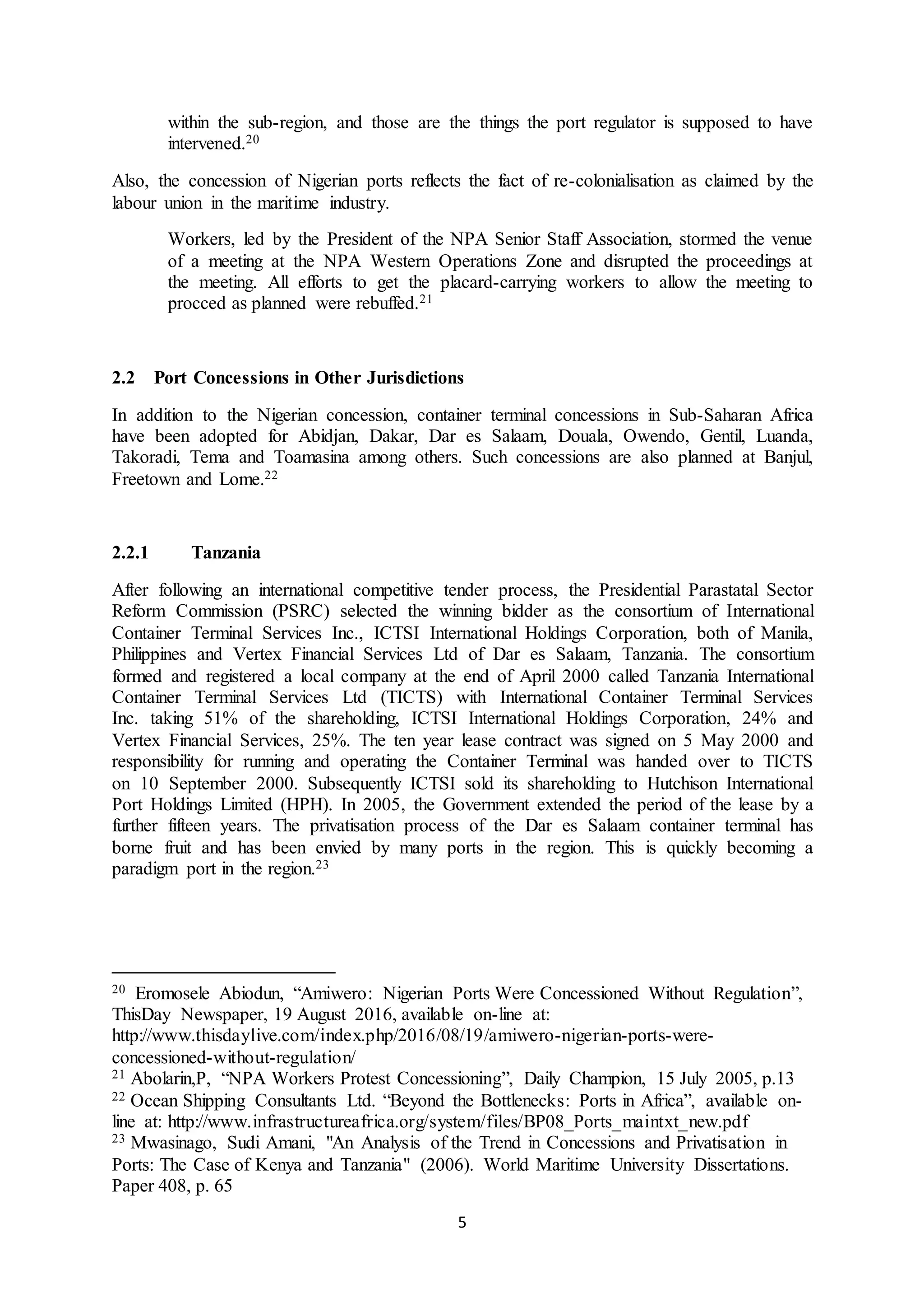 AN APPRAISAL OF PORT CONCESSIONS IN NIGERIA AND ITS ROLE IN ACHIEVING THE MARITIME POTENTIAL OF ...