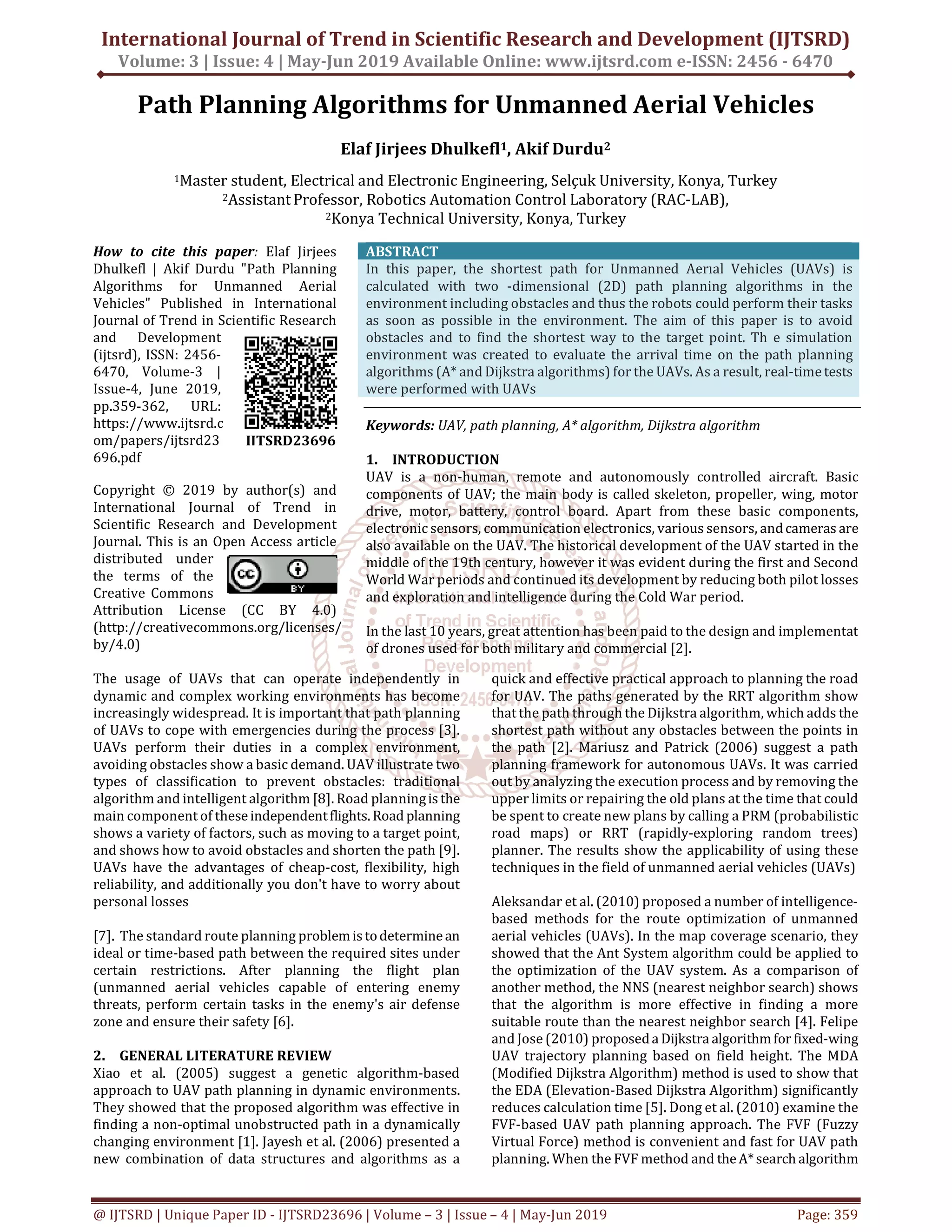 Path Planning Algorithms for Unmanned Aerial Vehicles | PDF
