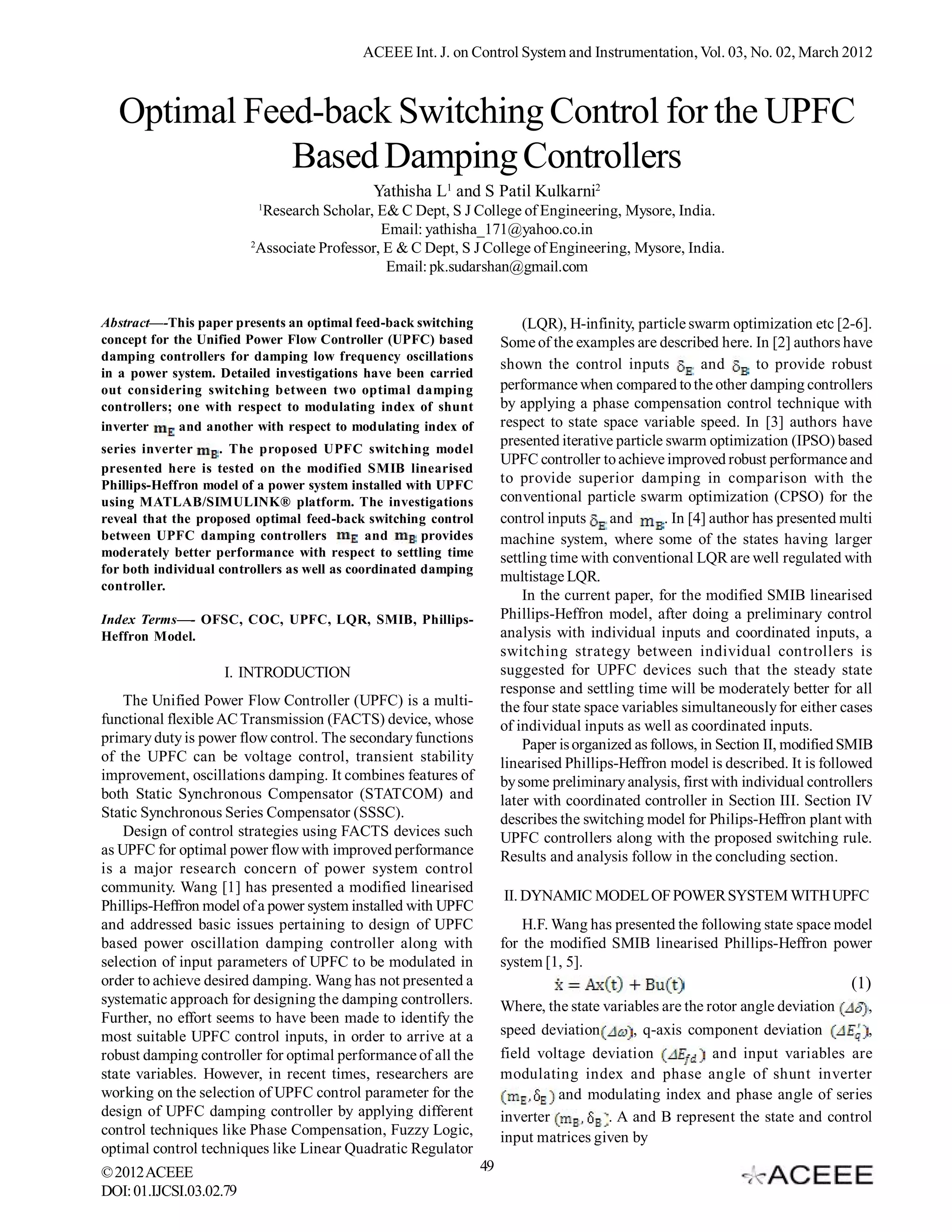 Optimal Feed Back Switching Control For The Upfc Based Damping Controllers Pdf 