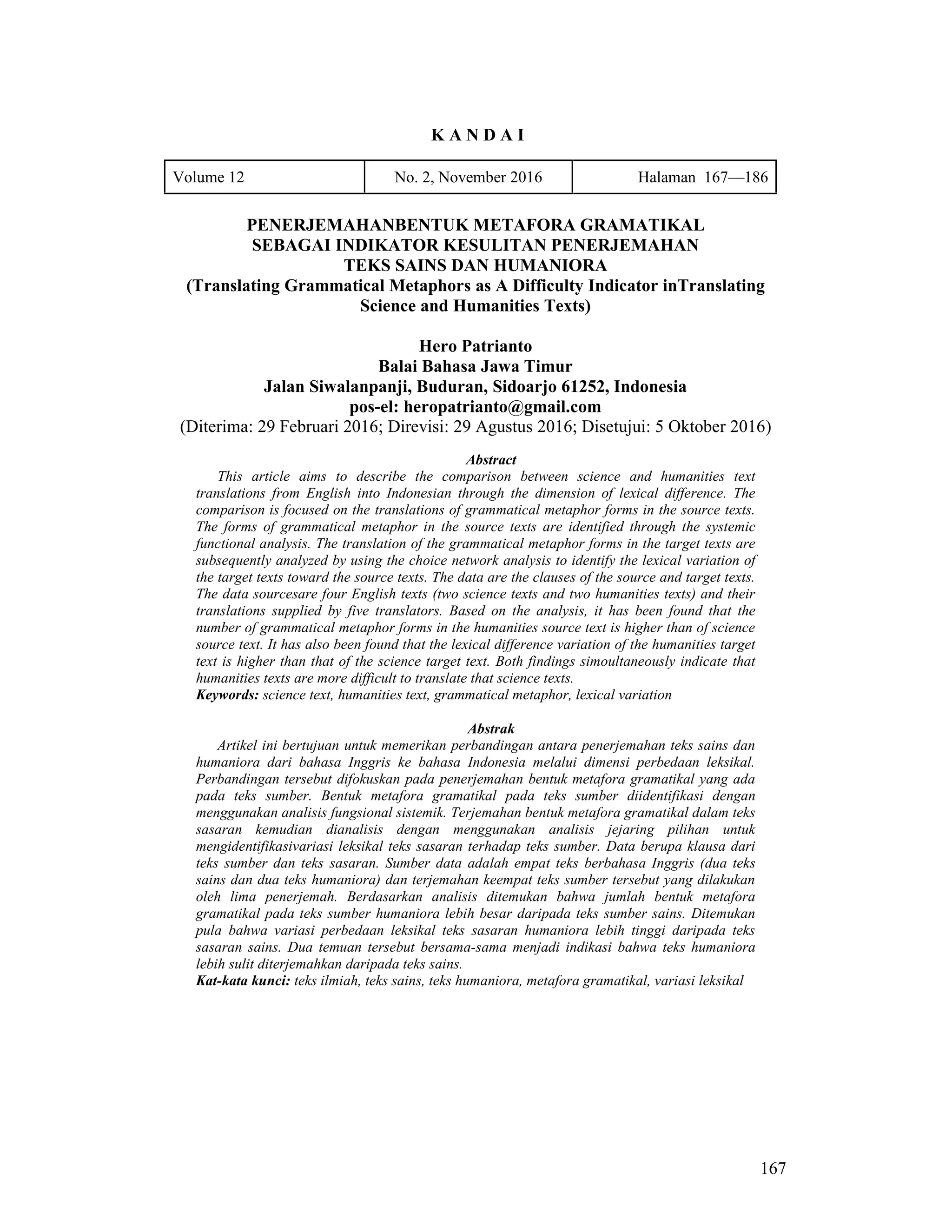 Penerjemahan Bentuk Metafora Gramatikal sebagai Indikator Kesulitan ...