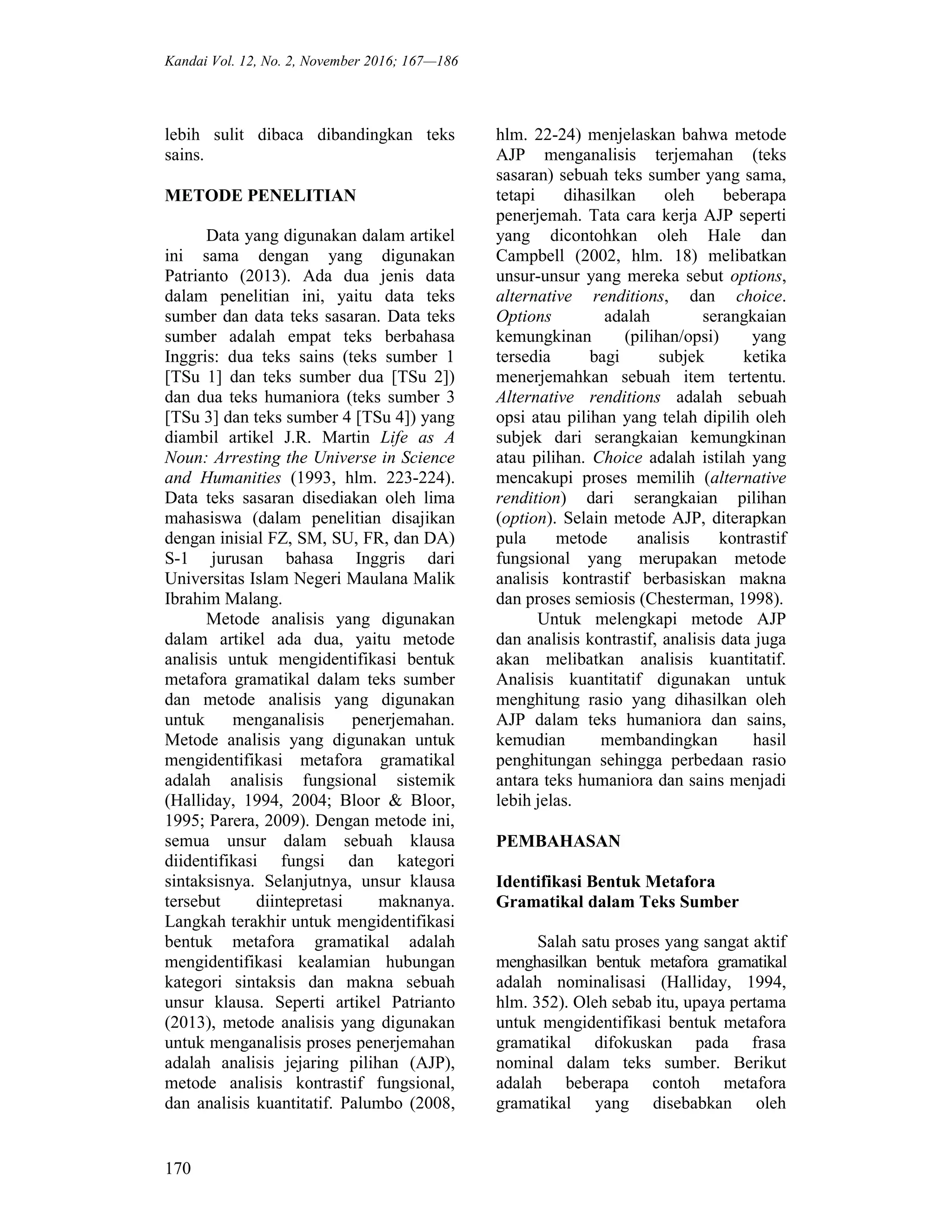 Penerjemahan Bentuk Metafora Gramatikal sebagai Indikator Kesulitan Penerjemahan Teks Sains dan ...