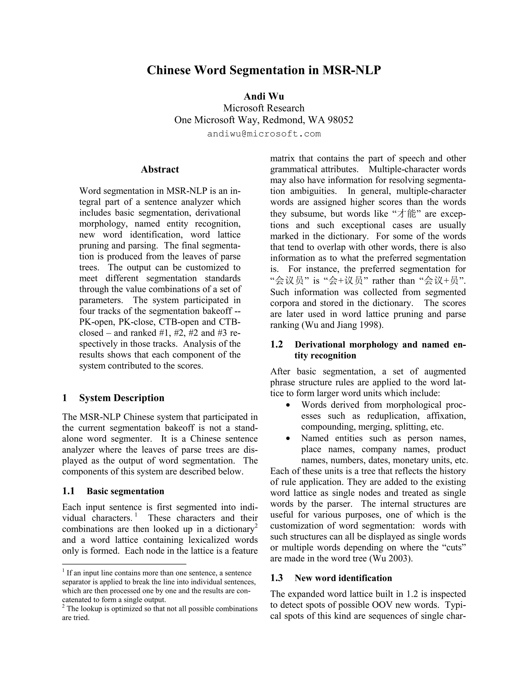 Chinese Word Segmentation in MSR-NLP | PDF