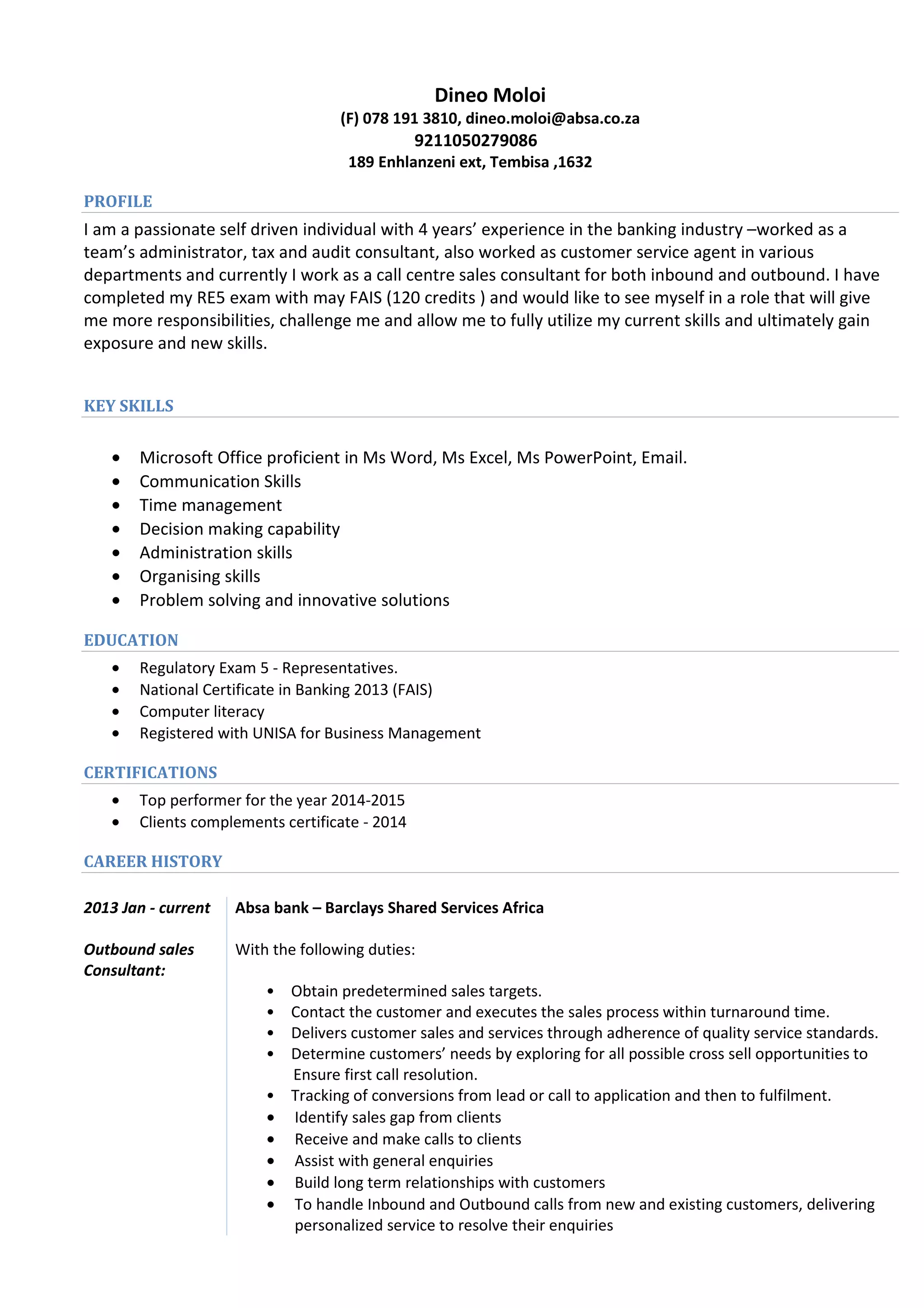 Resume of Dineo Moloi | PDF