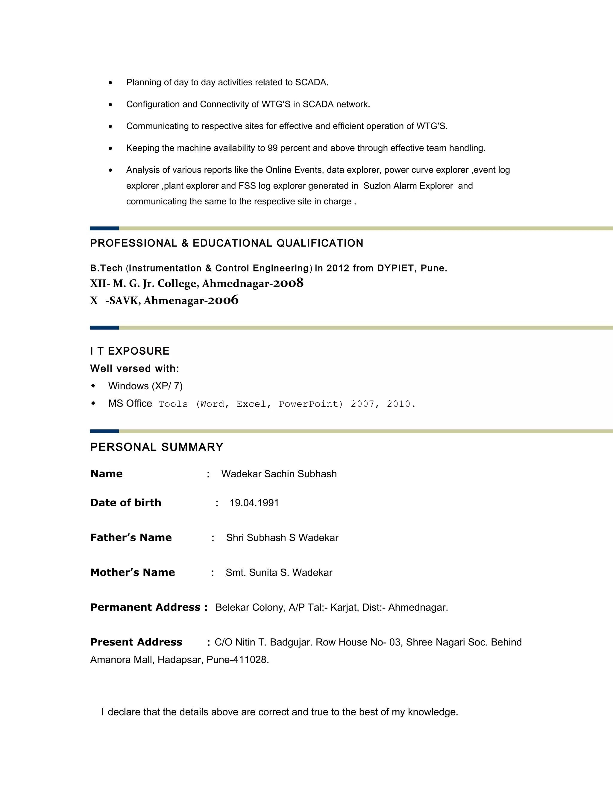 Operation & Maint. Engineer_2.5 Yrs Exp_Sachin W. | DOC | Business | Business and Finance