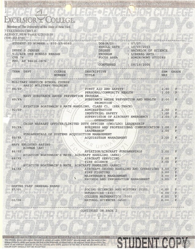 Derek Jensen's Excelsior Transcript 1 of 3 | PDF