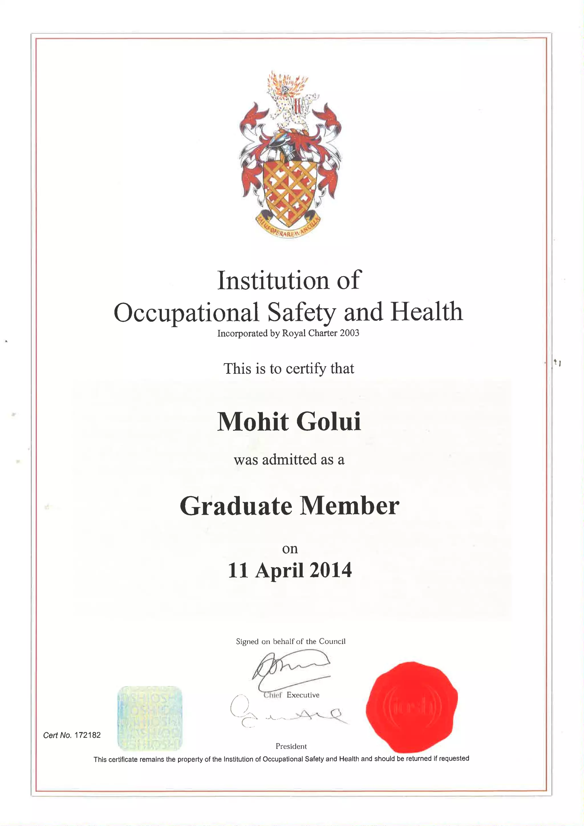 IOSH Graduate Membership certificate | PDF