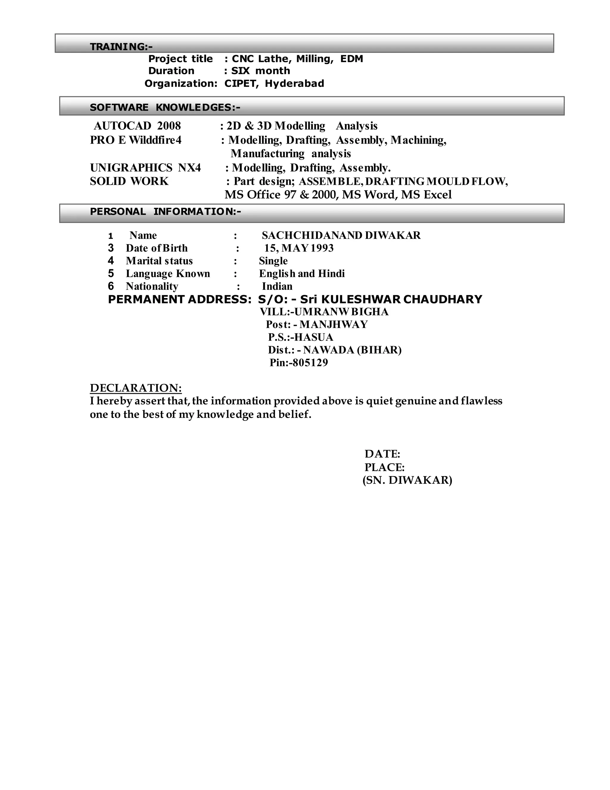 Sachchidanand Diwakar Resume | PDF