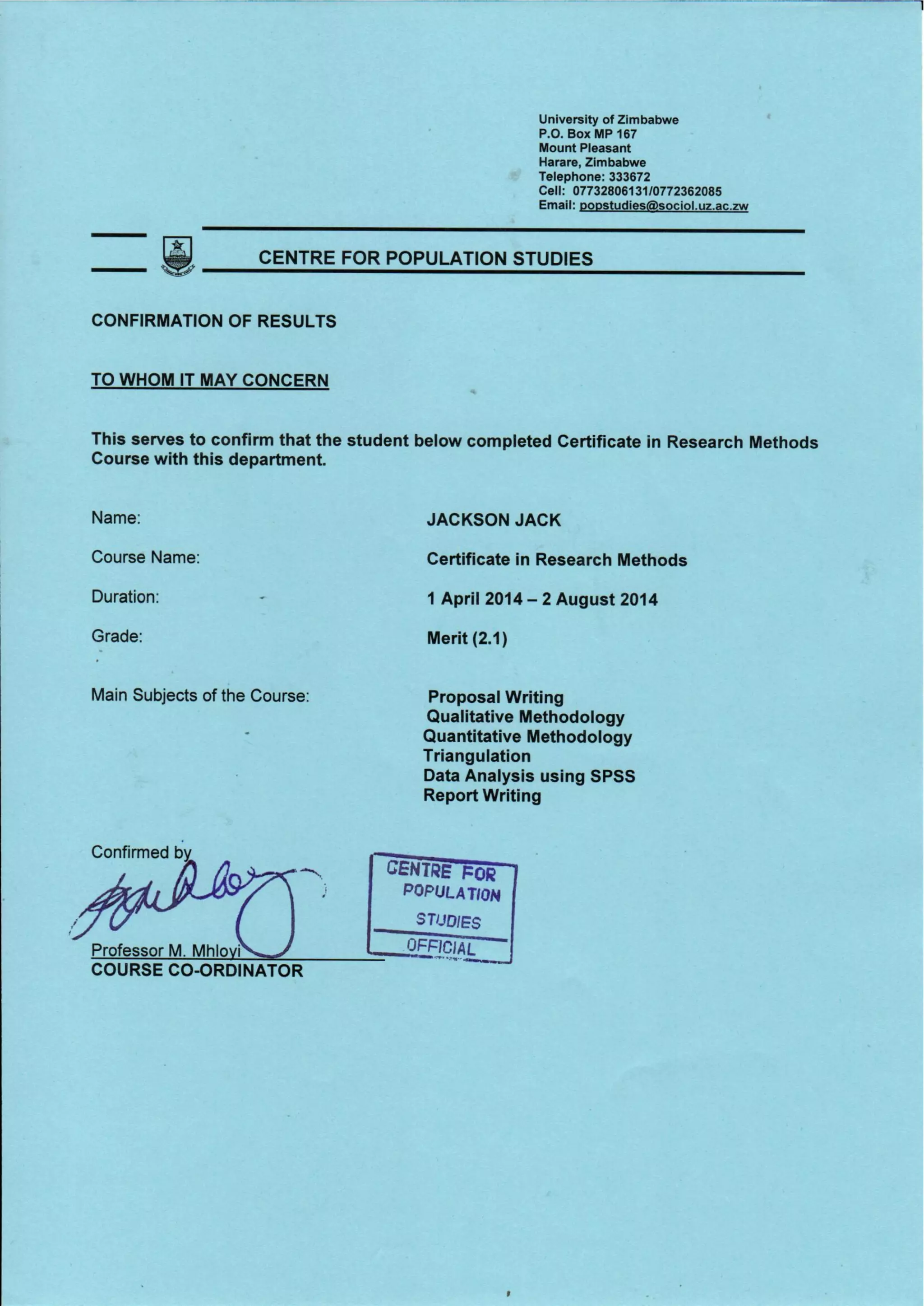 Certificate in Research Methods Transcript | PDF