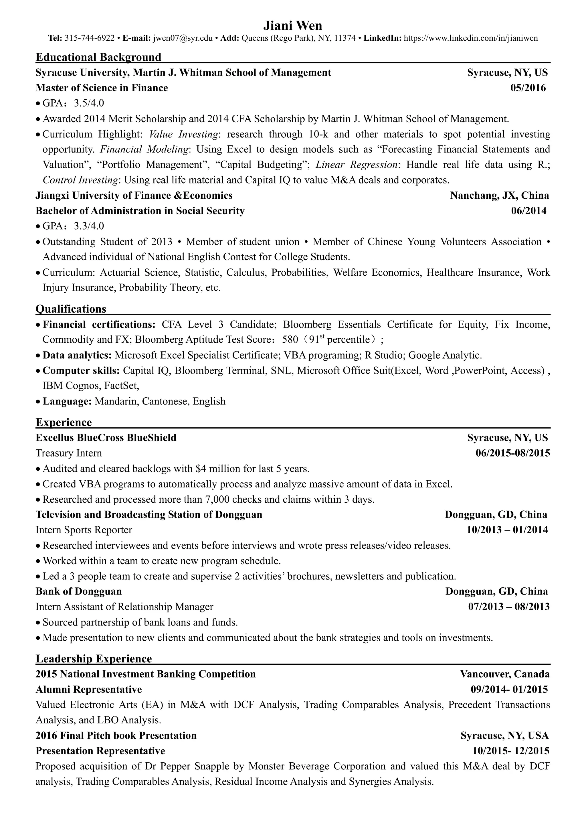 Jiani Wen Resume | PDF