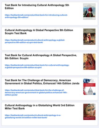 Test Bank for Cultural Anthropology The Human Challenge, 14th Edition | PDF