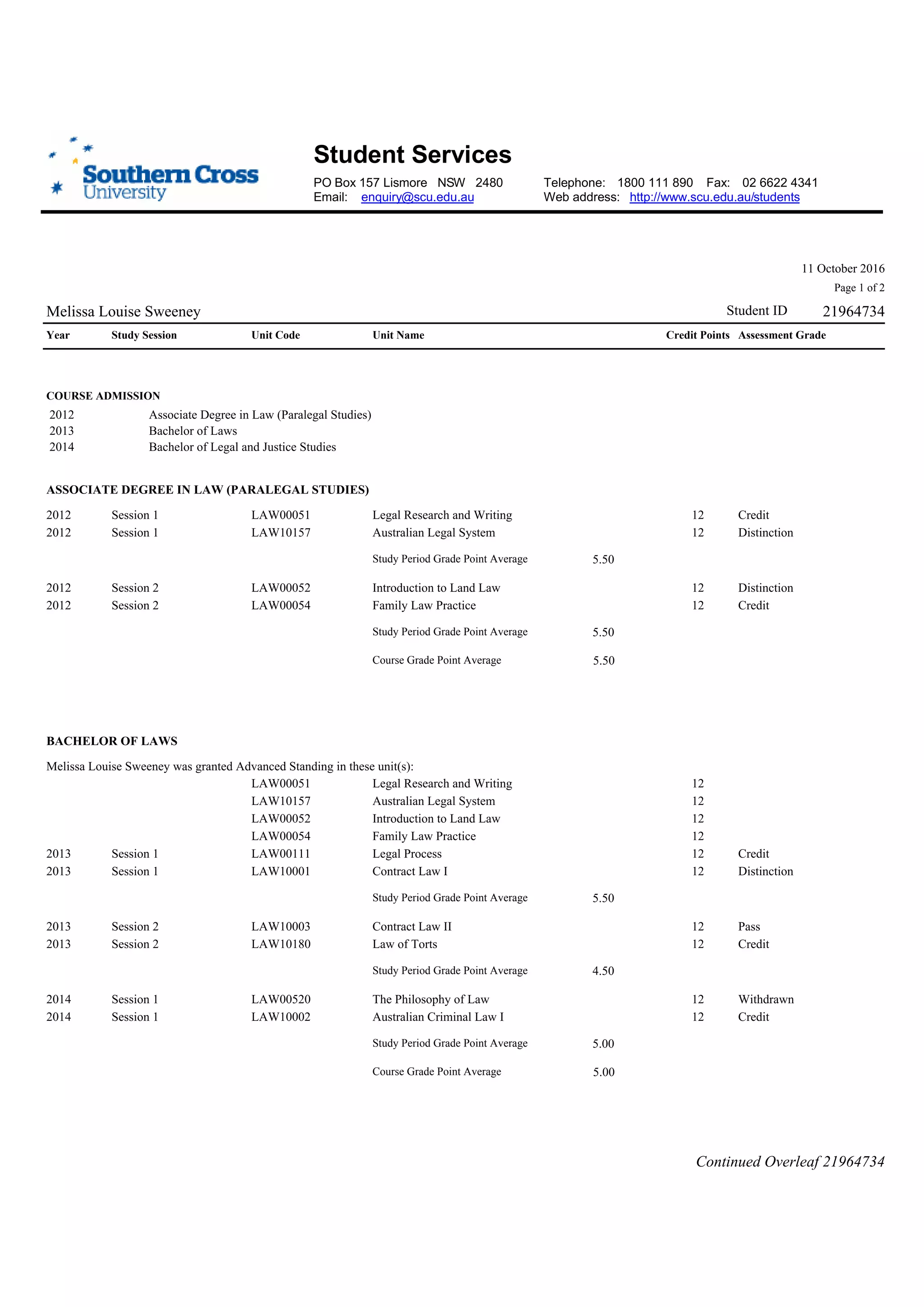 SCU Transcript | PDF