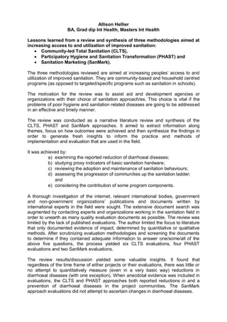Lessons learned from a review and synthesis of three sanitation ...