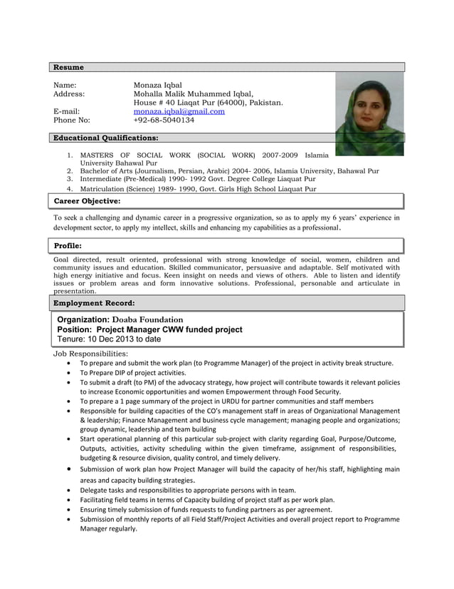 MONAZA_IQBAL_CV_2 | DOC | Resume Writing and Advice | Job Search