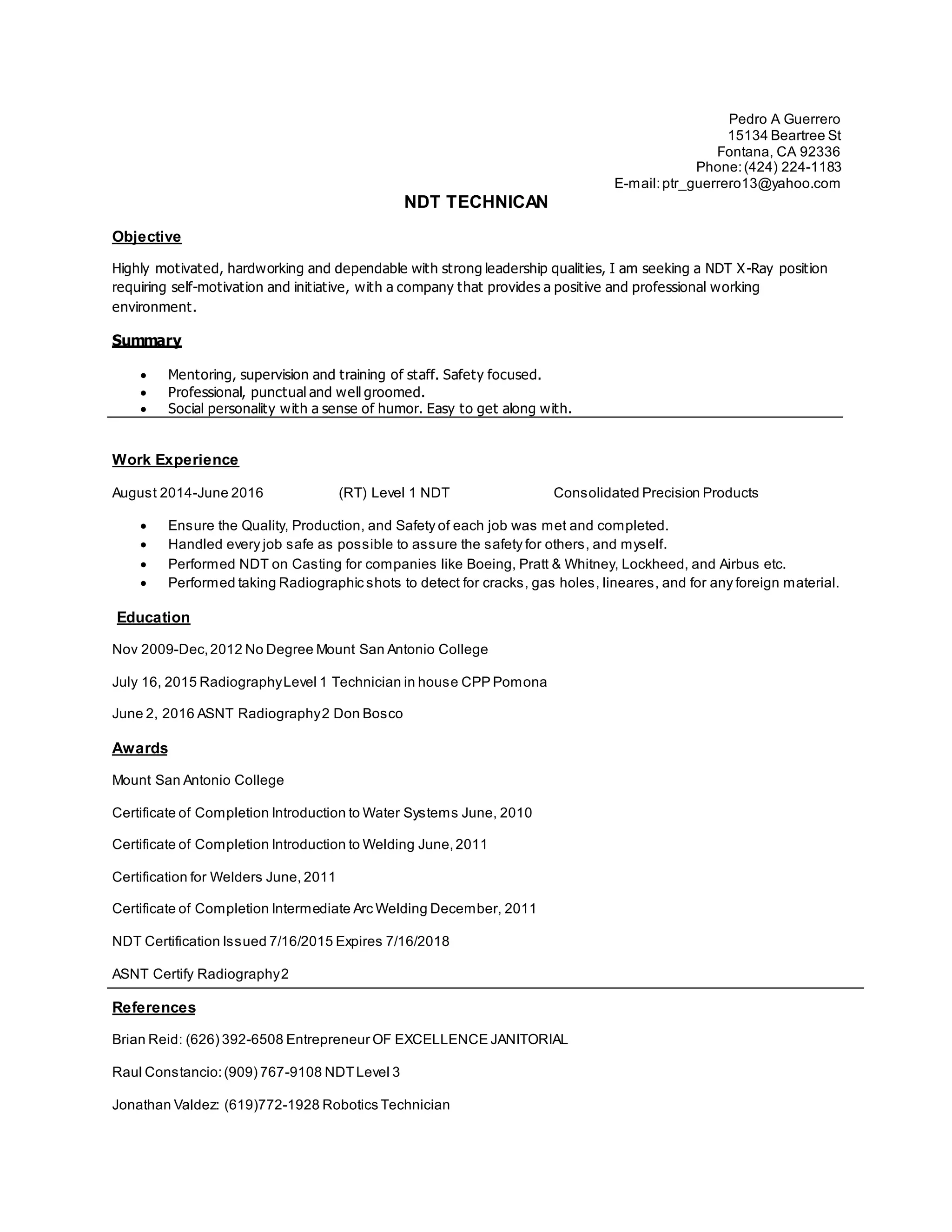 NDT Resume 2016 | DOCX