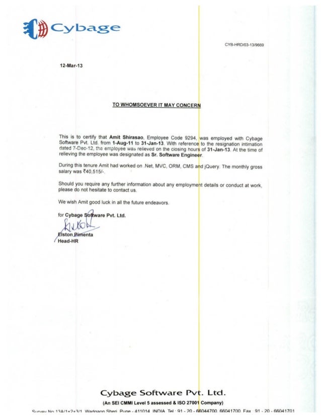 My Experience Letter - Cybage Software Pvt. Ltd My Experience Letter - Cybage Software Pvt. Ltd
