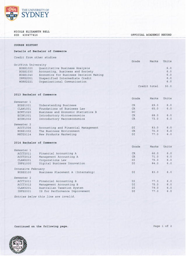 N Bell Academic Transcript - University of Sydney | PDF
