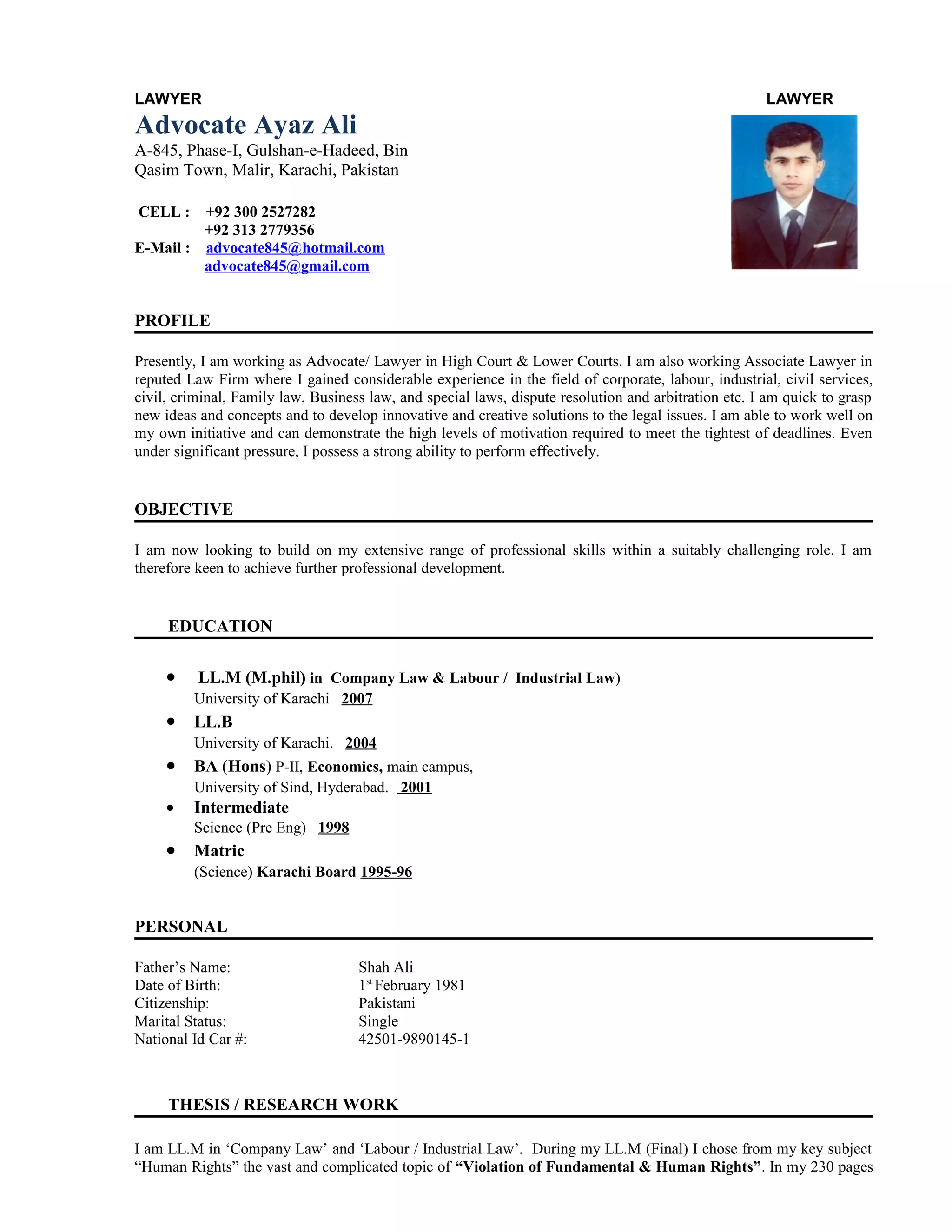 CV OF ADVOCATE AYAZ ALI | DOC