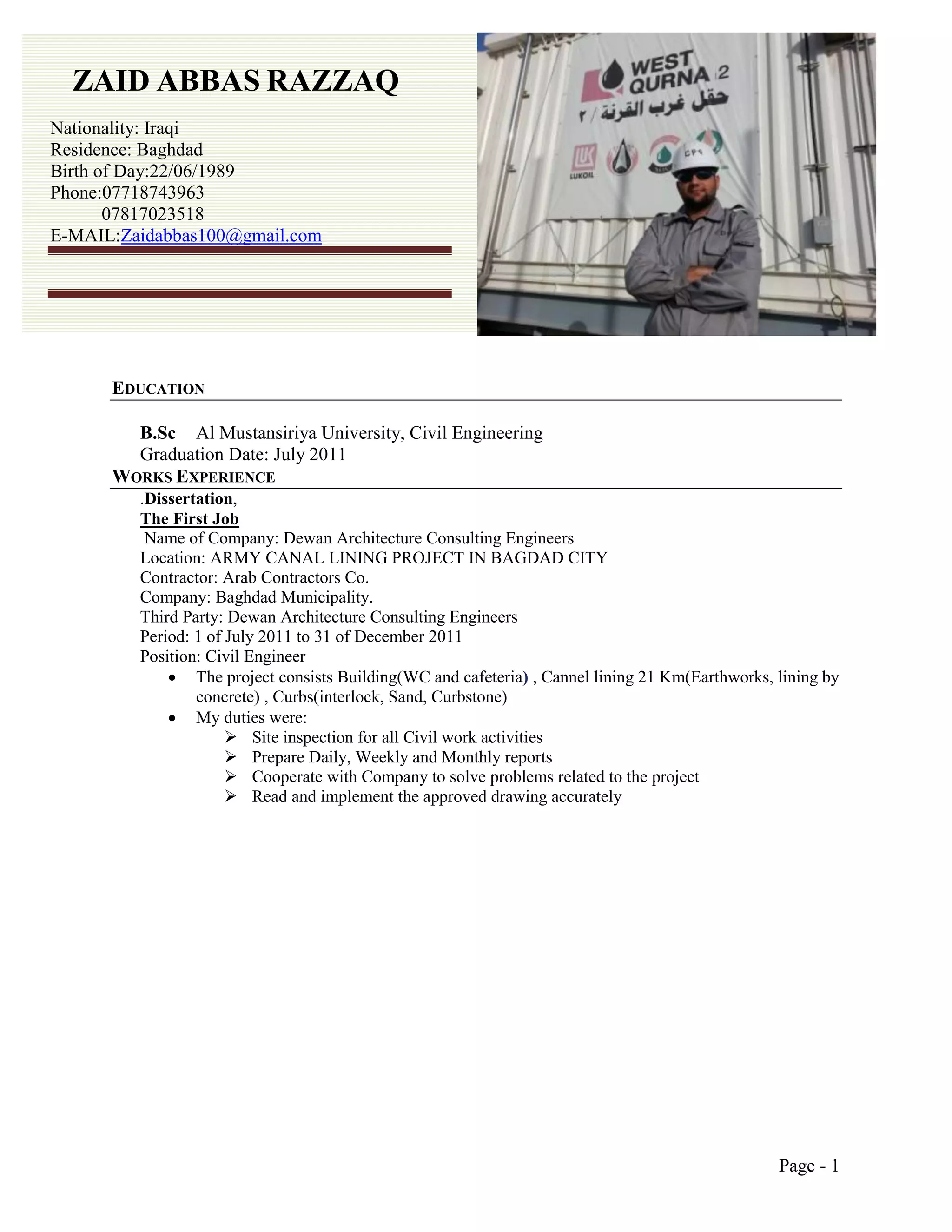 CV for Civil Engineer Zaid Abbas. | PDF