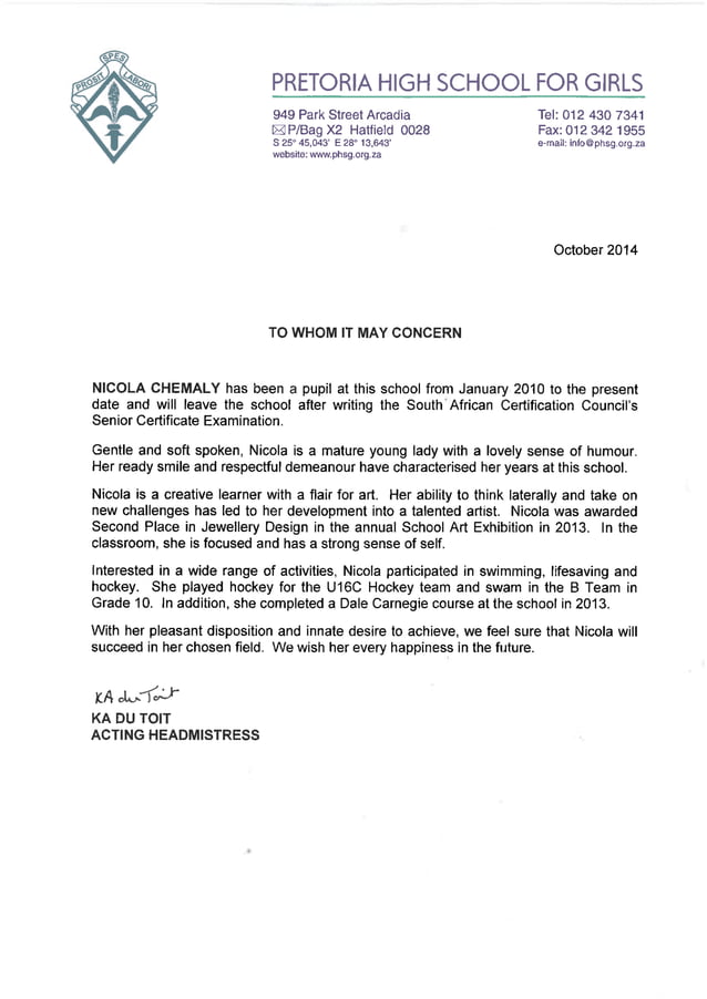 Nicola Chemaly School Reference Letter | PDF