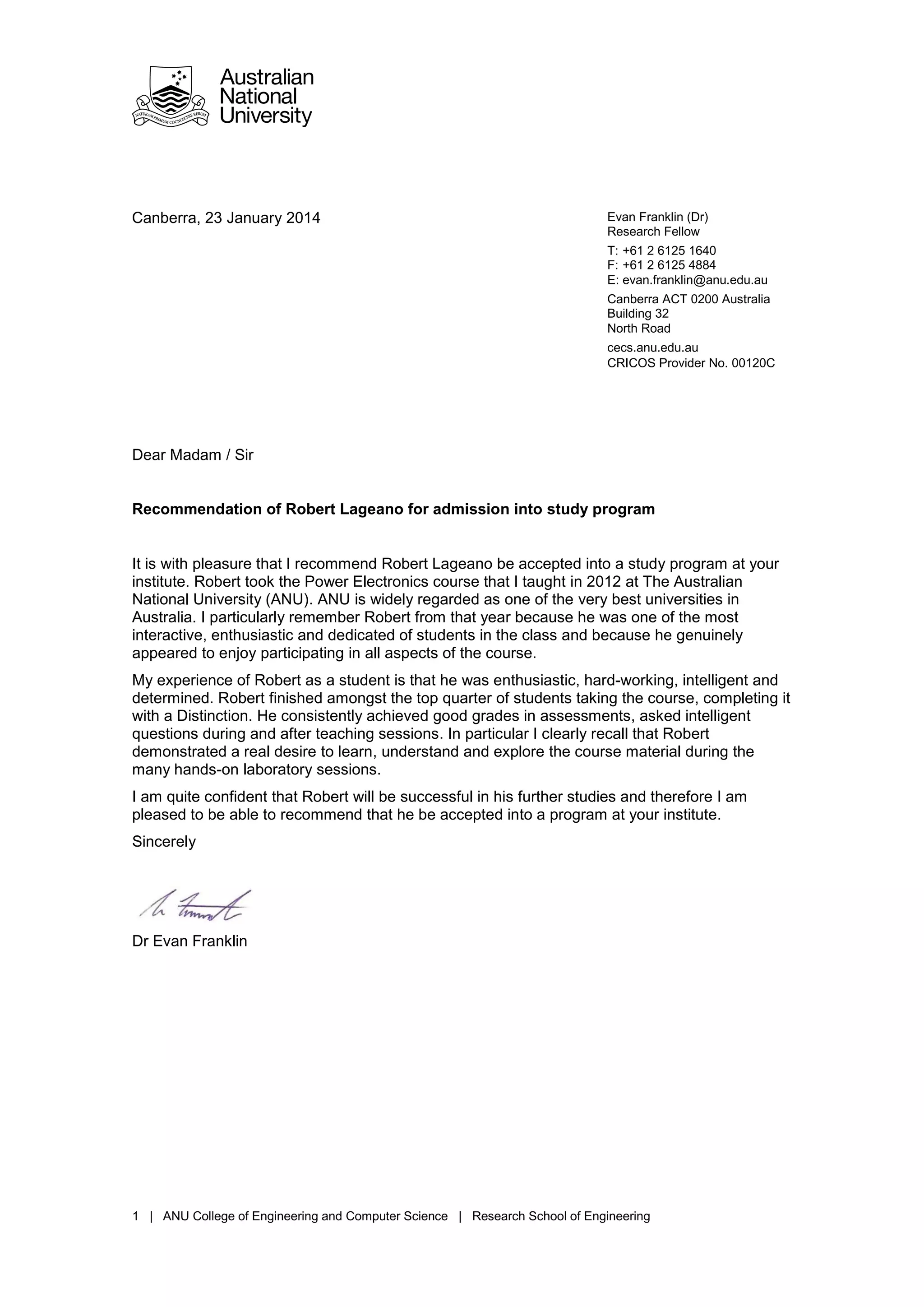 ANU - REFERENCE LETTER | PDF