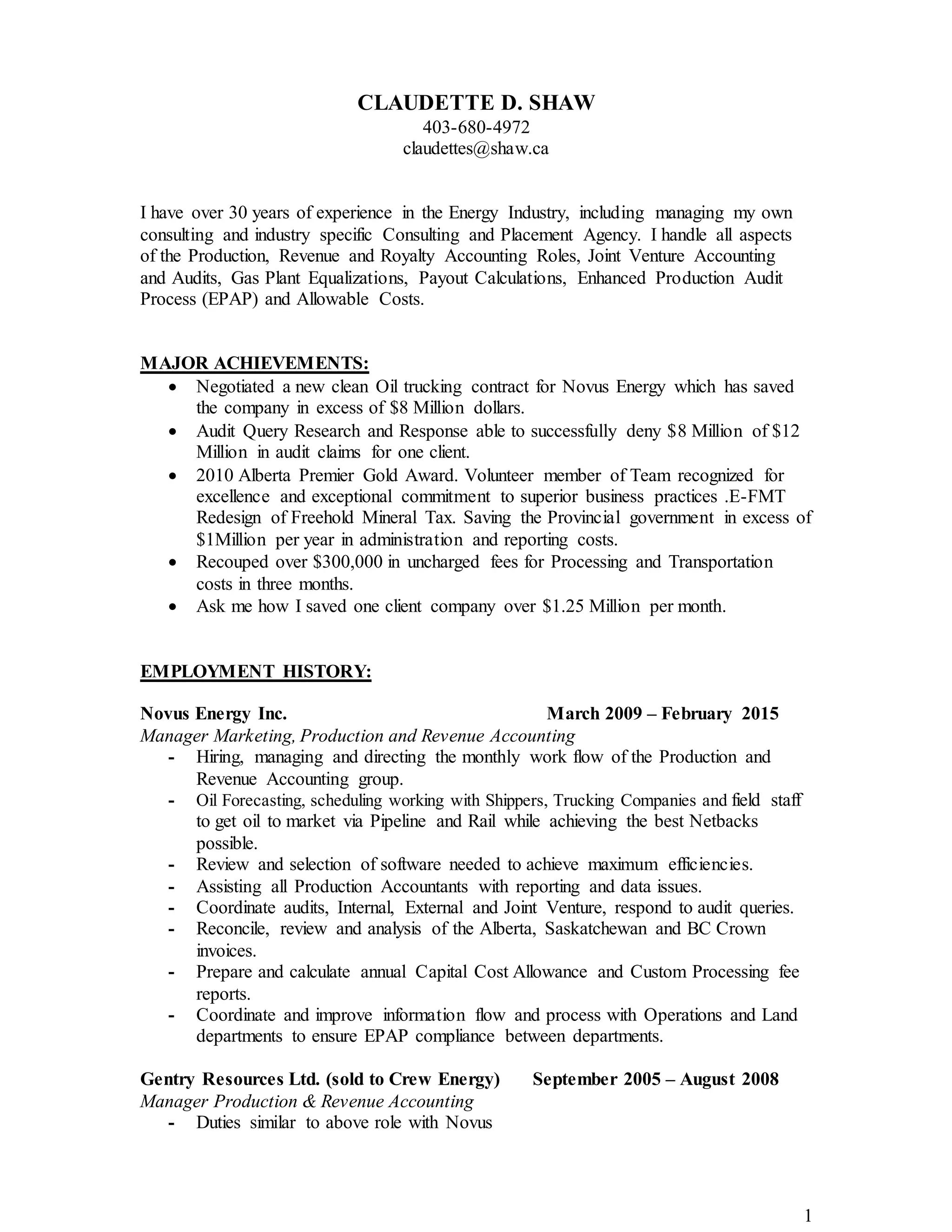 CLAUDETTE D Shaw Resume Energy..doc